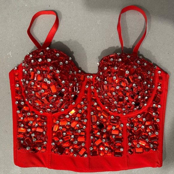 Tops | Nwt Red Rhinestone Corset Bustier Removable Straps | Poshmark